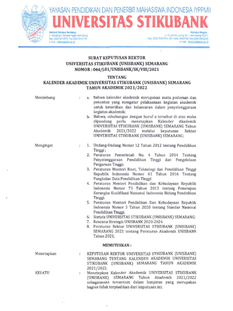 044 - VIII - 2021 - SK Tentang Kalender Akademik Unisbank Tahun Akademik 2021 2022 | PDF