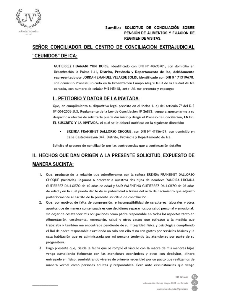 SOLICITUD DE CONCILIACIÓN SOBRE PENSIÓN DE ALIMENTOS Y FIJACION DE ...