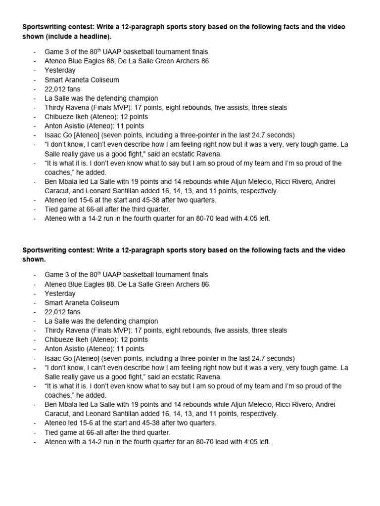 Sportswriting Exercise | Download Free PDF | Student Sport | Sports