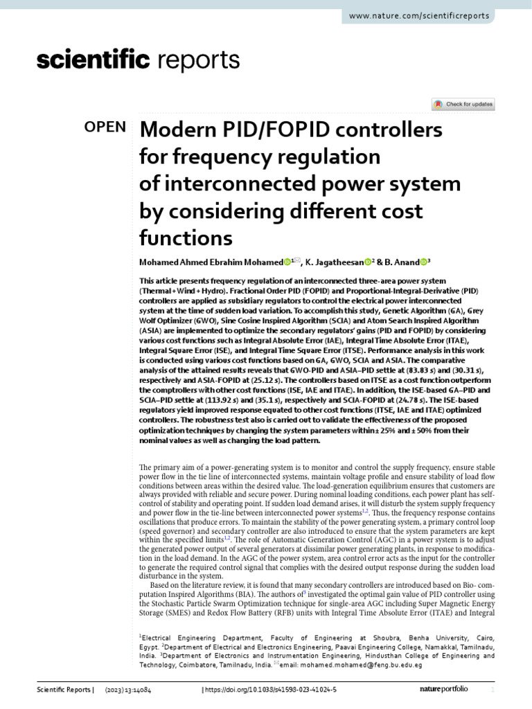 Modern PID/FOPID Controllers For Frequency Regulation of Interconnected Power System by ...