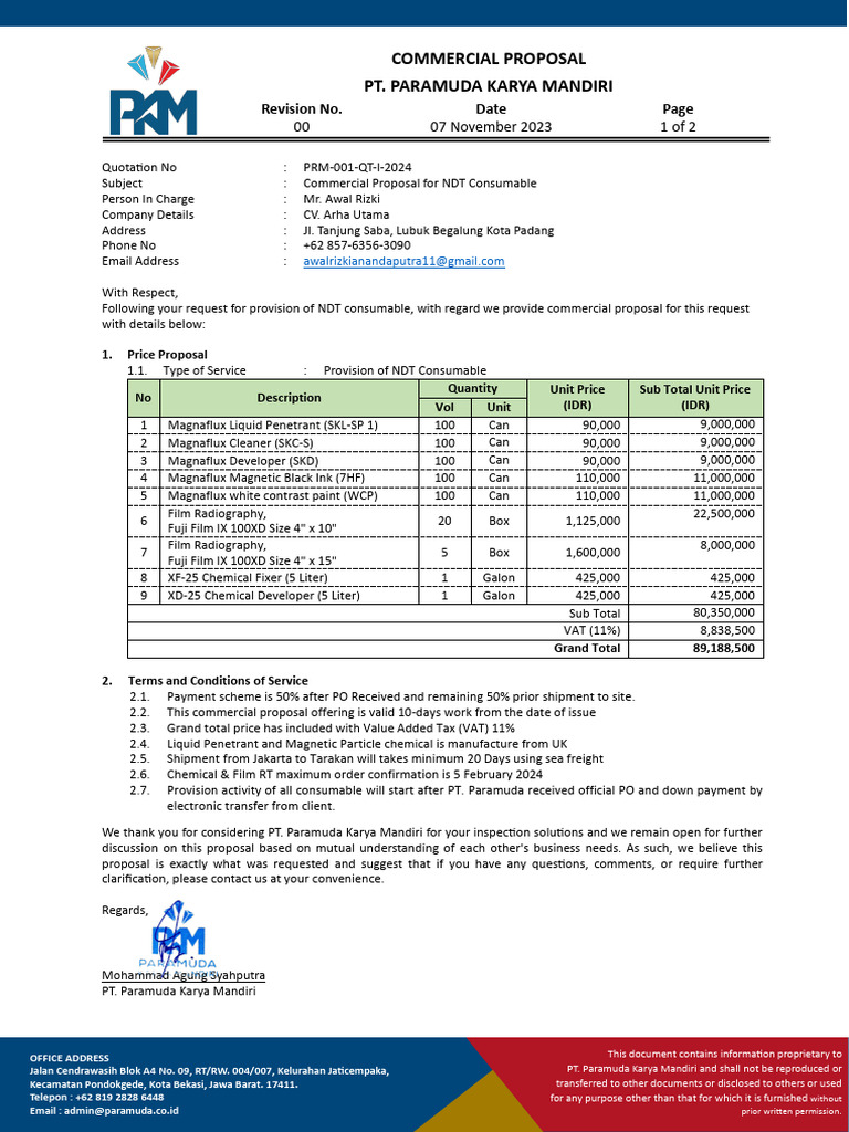 PKM 001 QT I 2024 - Quotation NDT Consumable - PT. Arha Utama | PDF