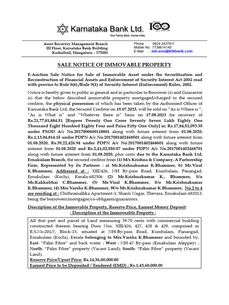 E-Auction Sale Notice 3rd Time - Krishna & Co - Ernakulam Branch - MA-1108 | PDF | Auction ...