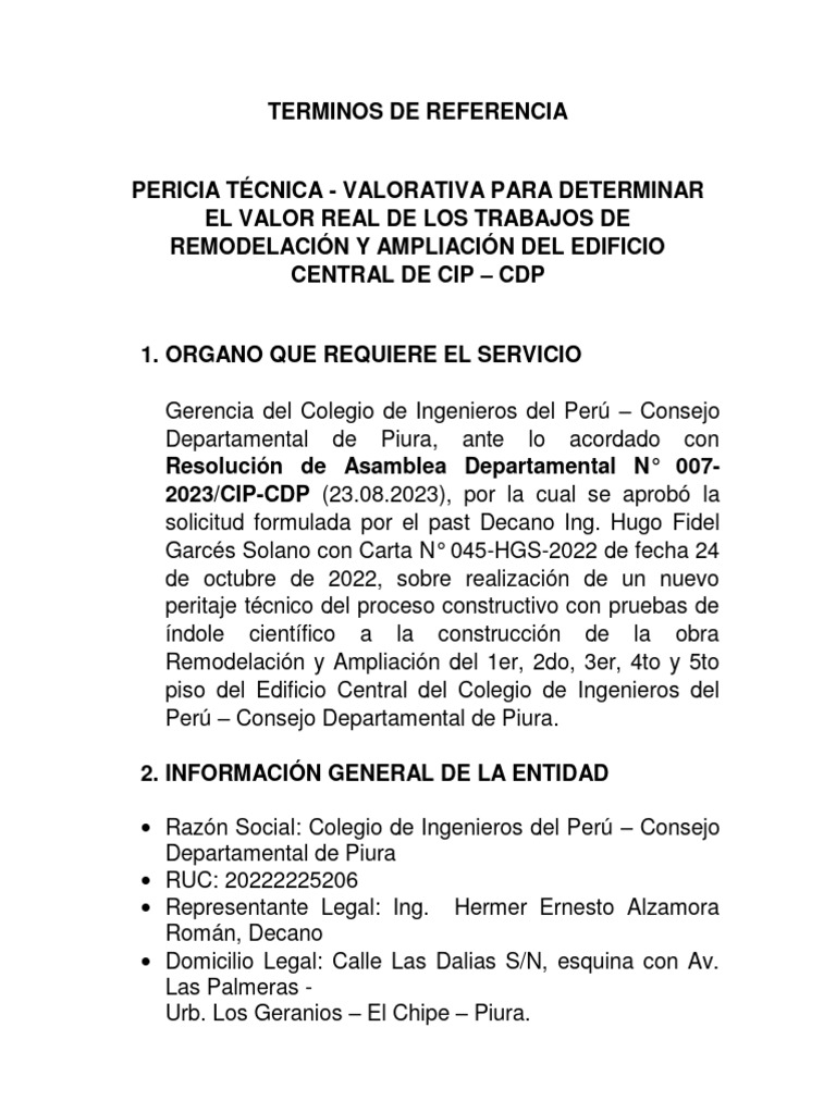TDR Contratacion Perito Pericia Edificio Central Cip CDP 2023 | PDF ...