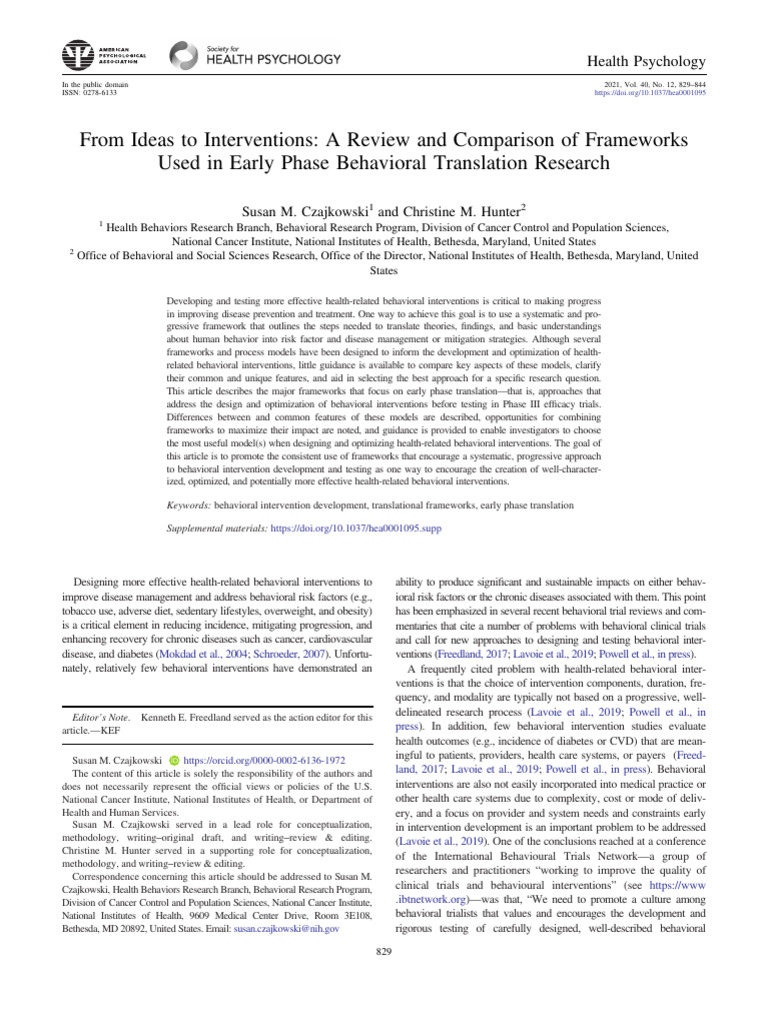 From Ideas To Interventions A Review and Comparison of Frameworks Used in Early Phase Behavioral ...