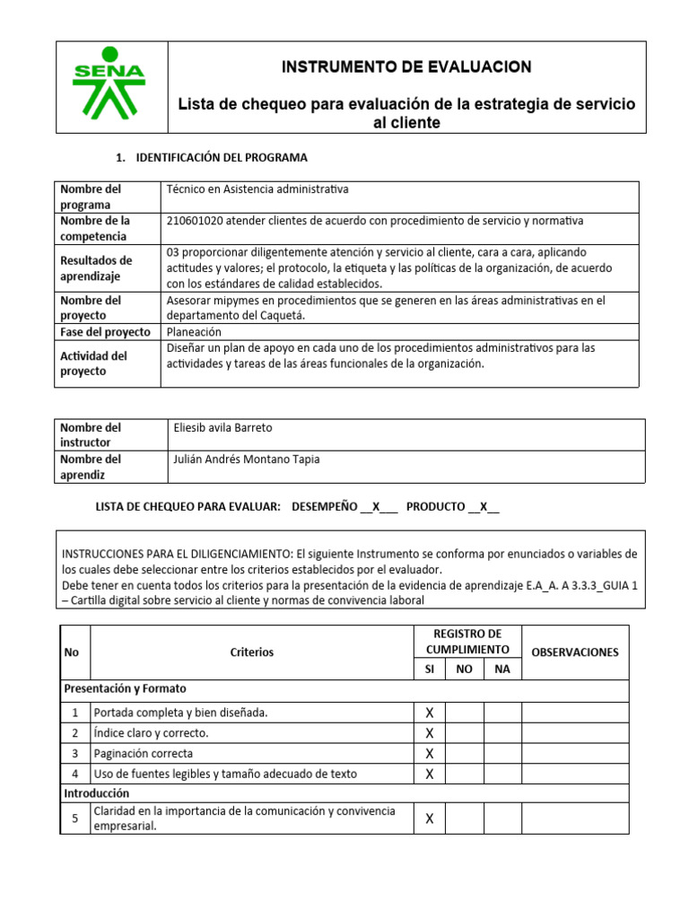 Instrumento de Evaluacion Lista de Chequeo para Evaluación de La Estrategia de Servicio Al ...