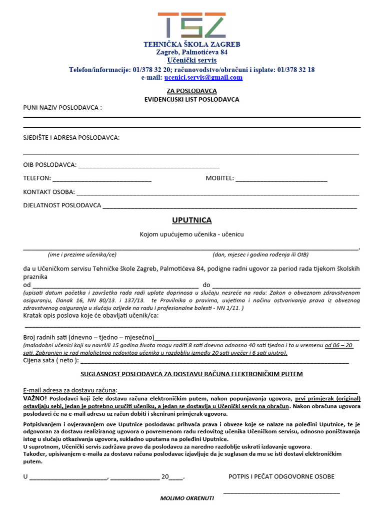 Obrazac Poslodavac - Evidencijski List I Uputnica 2019 | PDF