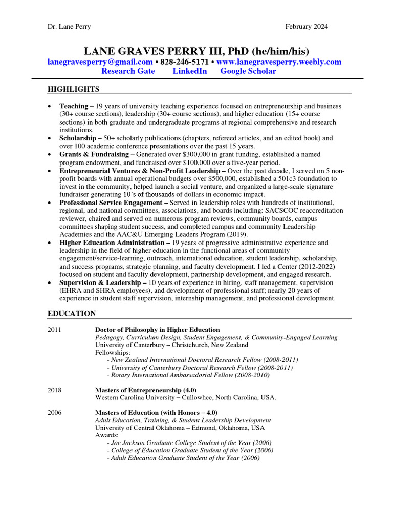 Lane Graves Perry III CV 2024 | PDF | Experiential Education ...
