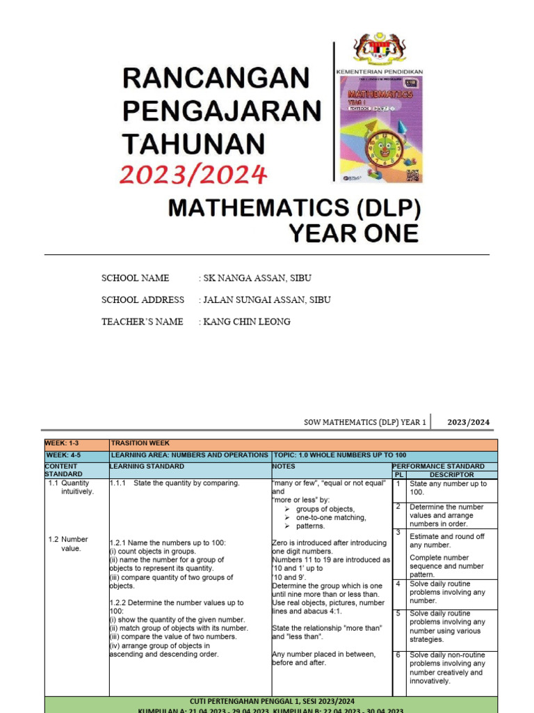 RPT Math DLP Year 1 2023-2024 | PDF | Shape | Numbers
