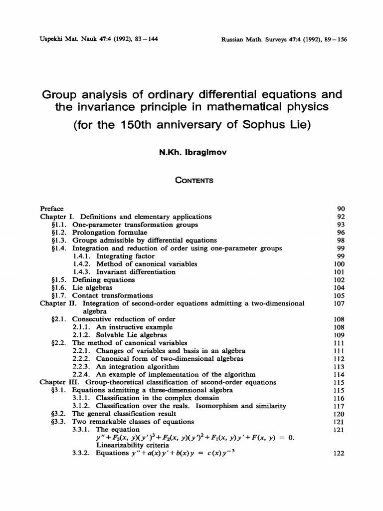 Ibragimov - 1992 - Group Analysis of Ordinary Differential Equations | PDF | Equations | Lie Algebra