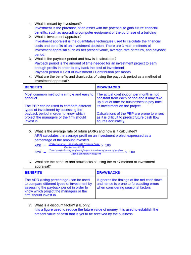 Ib Business Management Average Rate Of Return Arr Pdf Net Present