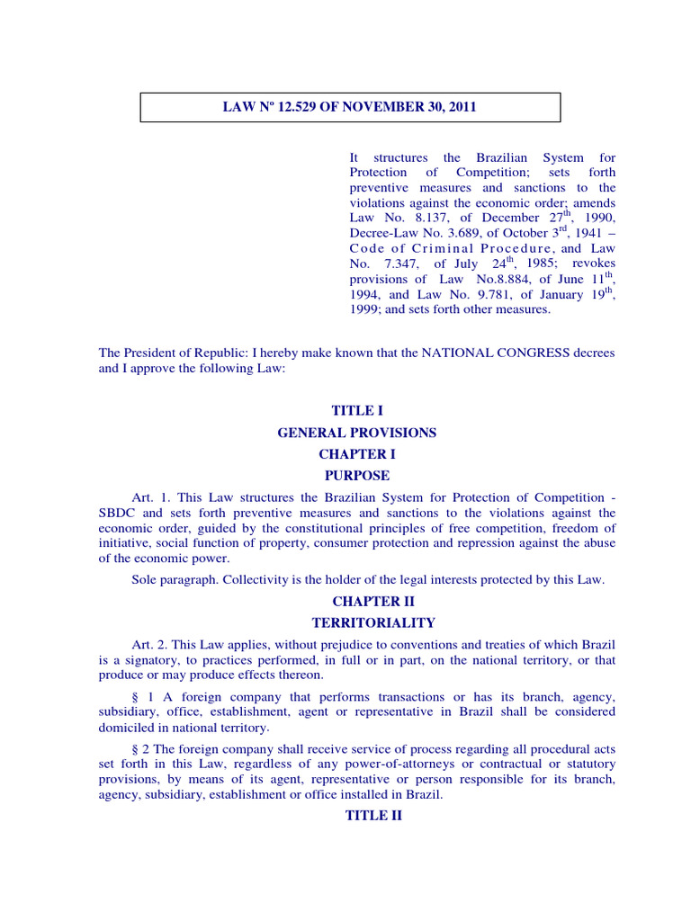 Brazilian Competition Protection Law 2011 | PDF | Impeachment ...