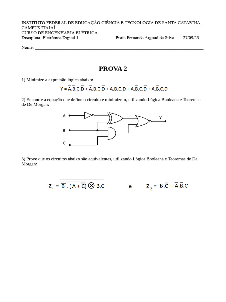Prova de Álgebra Booleana | PDF