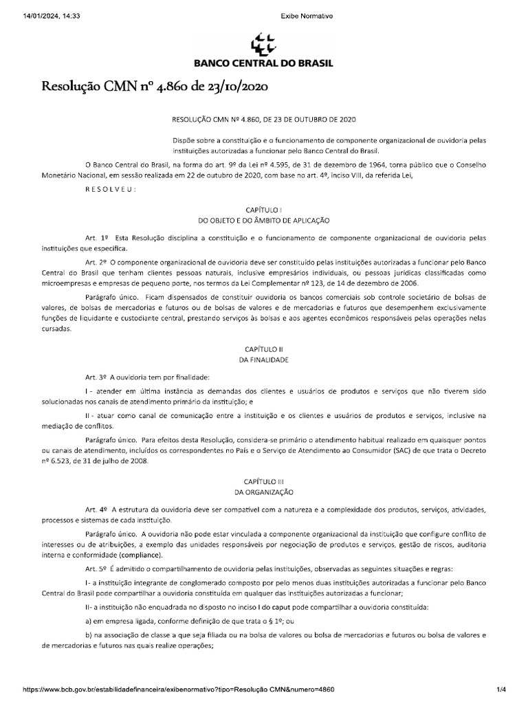 Resolução CMN Nº 4.860, de 23-10-2020 - Implantação e Funcionamento Das ...
