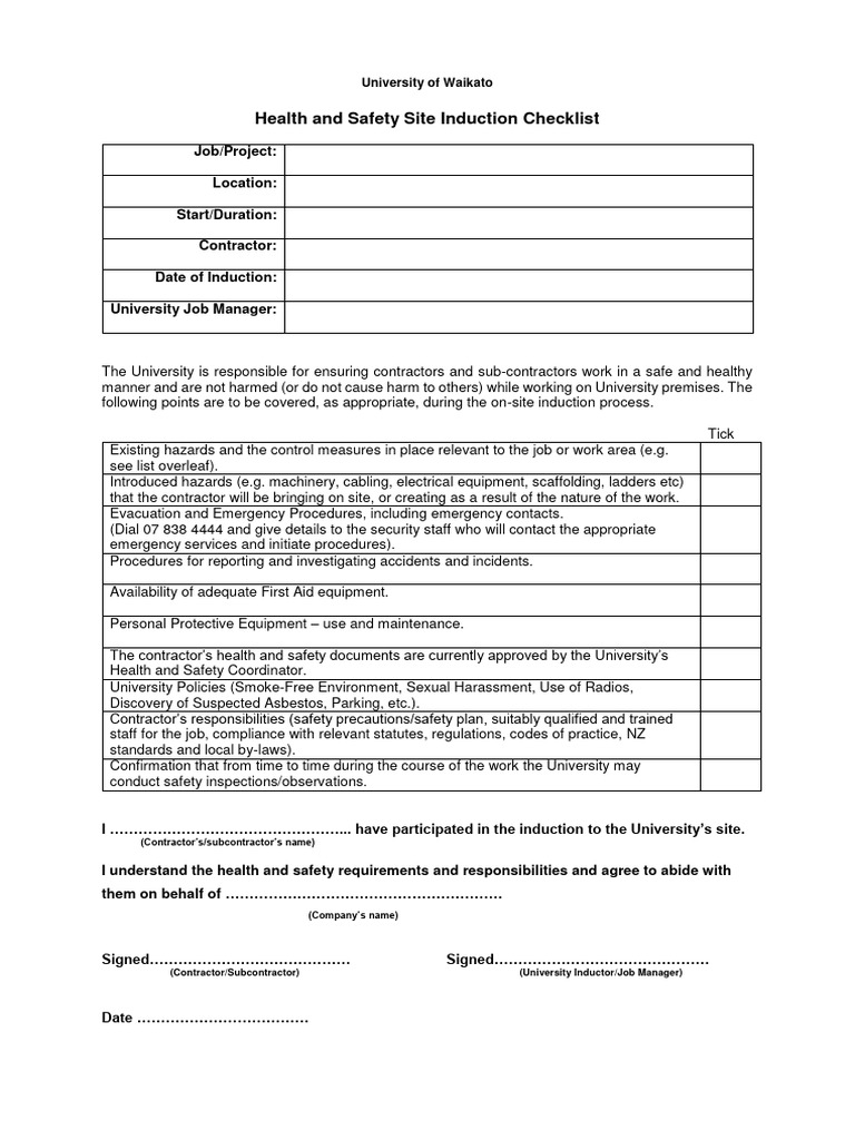 Contractor Site Induction Form | Download Free PDF | Occupational ...