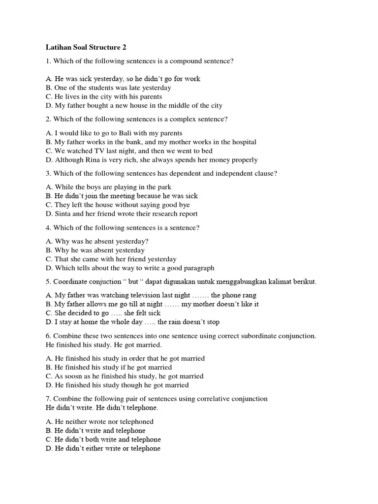 Latihan Soal Structure 2 | PDF | Sentence (Linguistics) | Language Mechanics