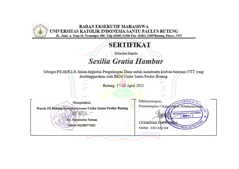 Sertifikat Penggalangan Dana BEM Unika | PDF