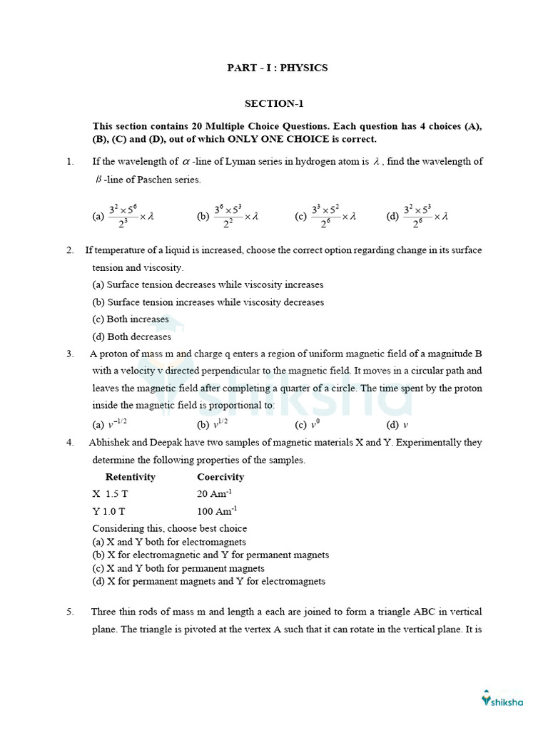 Physics Multiple Choice Questions | PDF | Wavelength | Diffraction