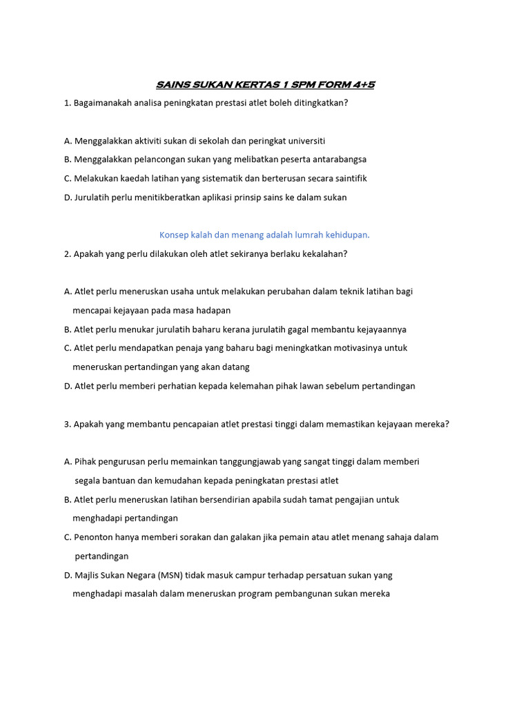 Sains Sukan SPM Form 4+5 (Kertas 1) | PDF