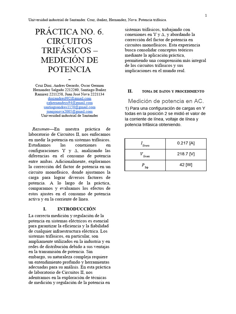 INFORME PRÁCTICA No. 6 | PDF | Energia electrica | Corriente eléctrica