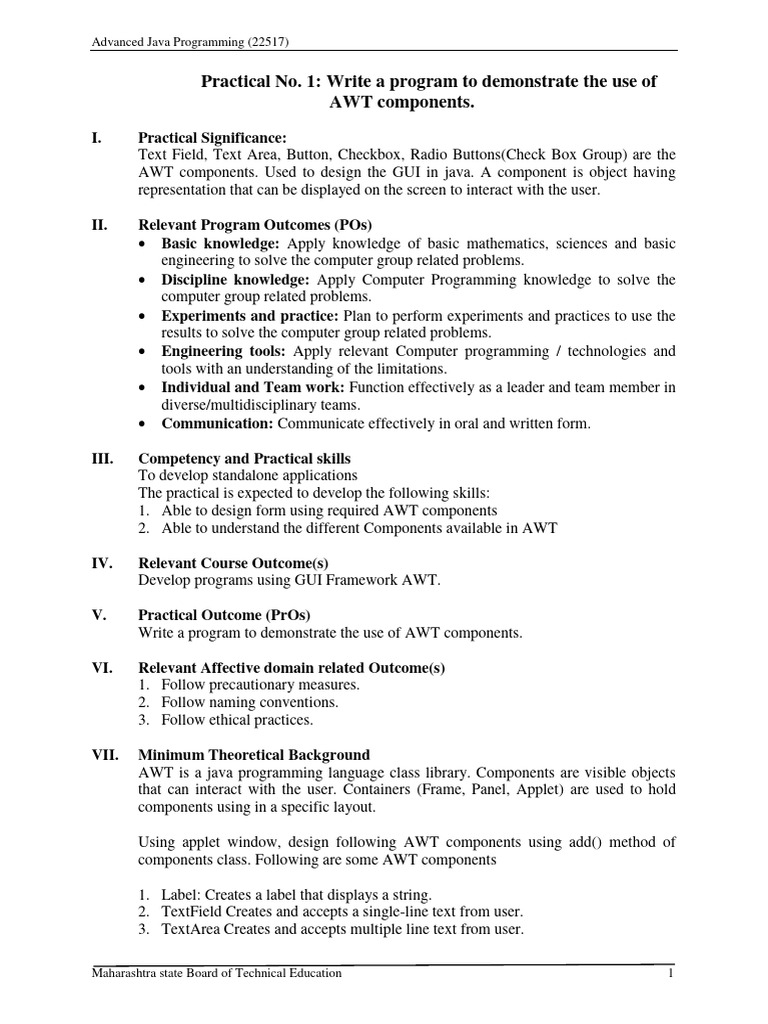 Practical No. 1: Write A Program To Demonstrate The Use of AWT Components | Download Free PDF ...