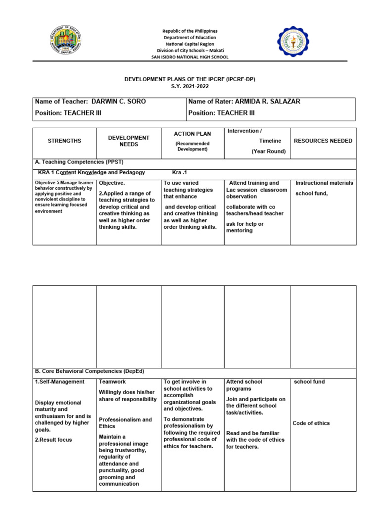 Template - Development - Plan - IPCRF-2-T1-111 Soro | PDF | Teachers ...