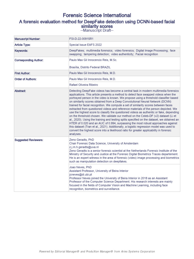 Reis e Ribeiro - 2023 - A Forensic Evaluation Method For DeepFake Detectio | PDF | Cross ...