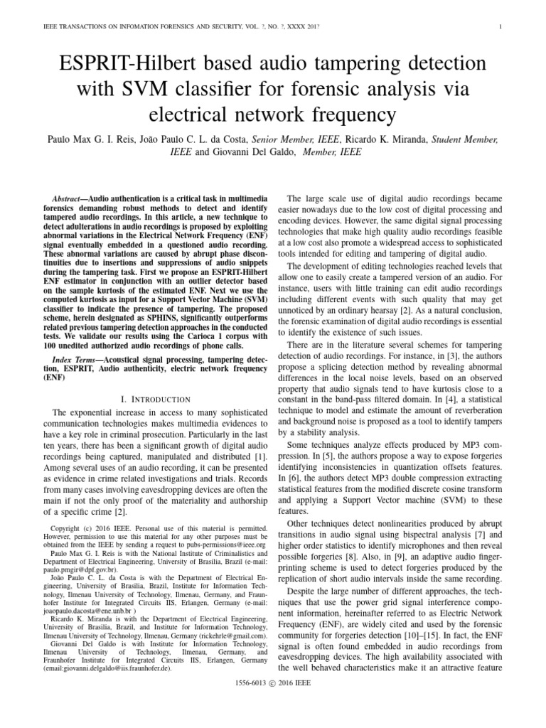 Reis Et Al. - 2017 - ESPRIT-Hilbert-Based Audio Tampering Detection Wit | PDF | Support Vector ...