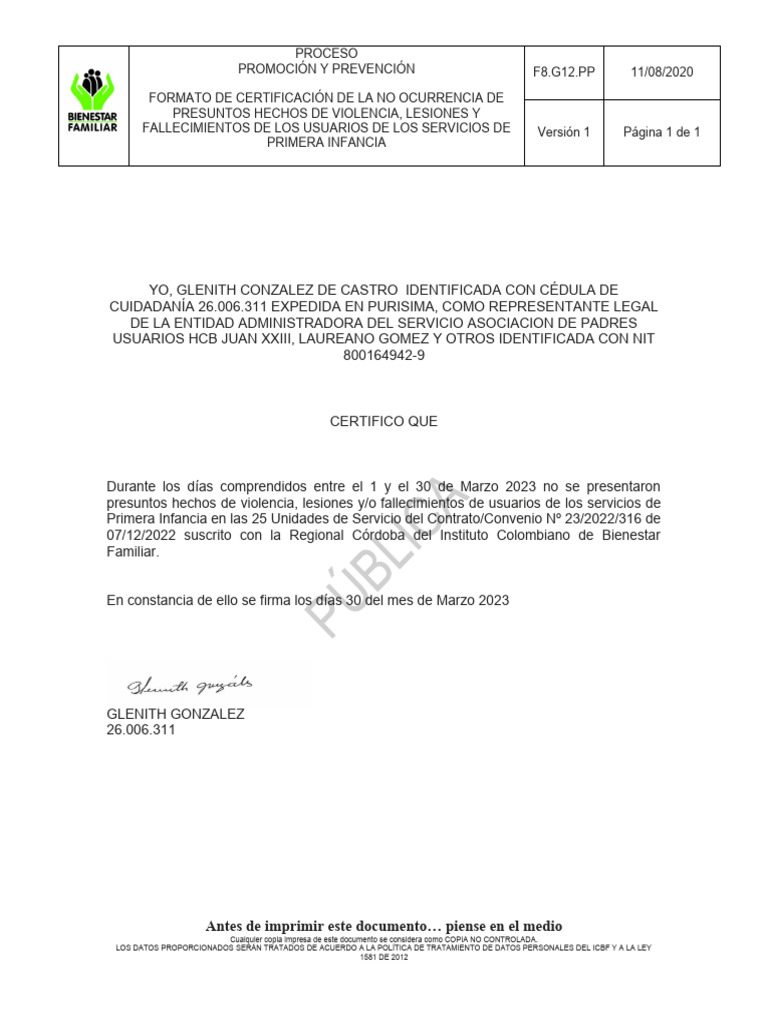 Certificación de No Ocurrencia de Violencia | PDF | Derecho