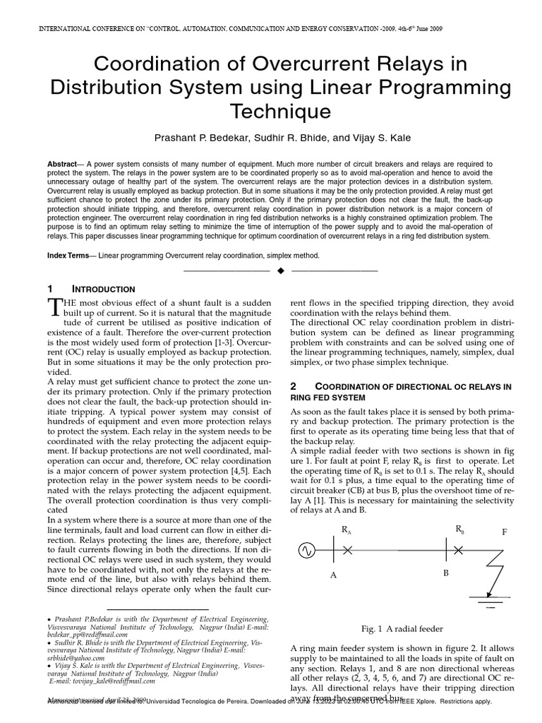 Coordination Of Overcurrent Relays In Distribution System Using Linear Programming Technique