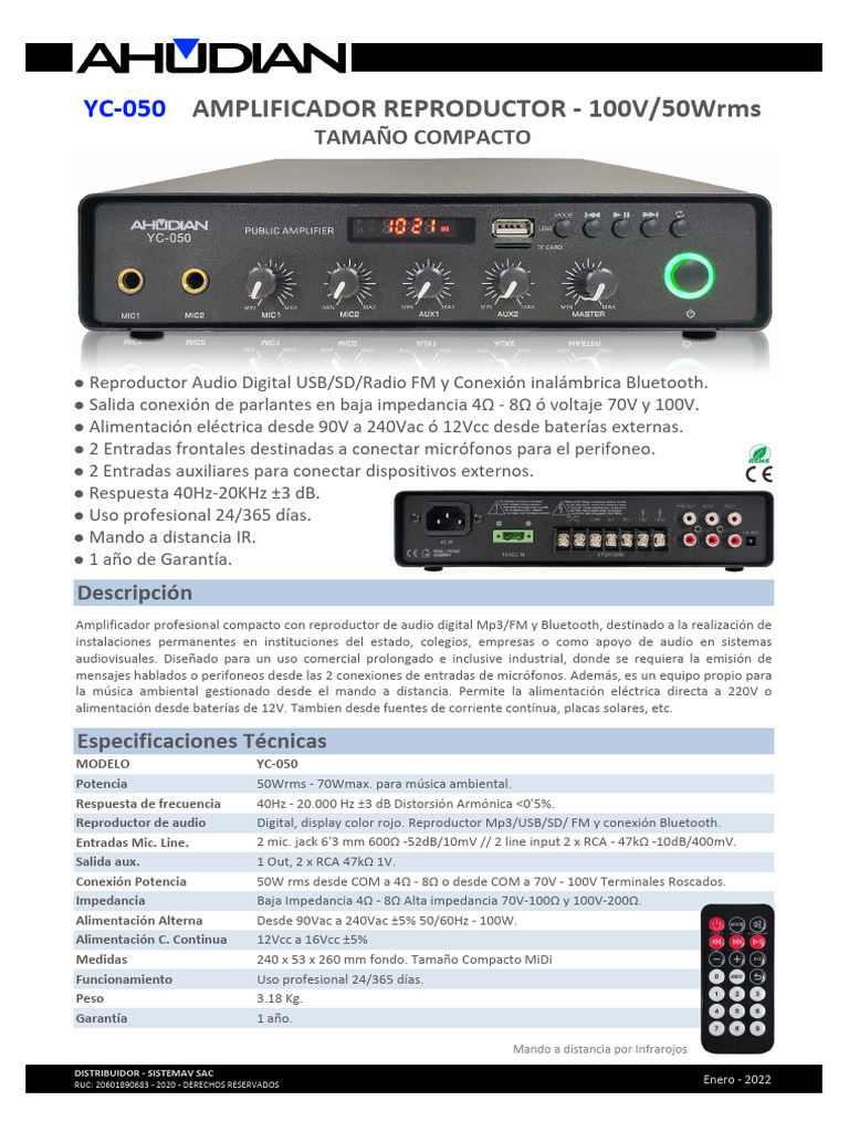 AMPLIFICADOR YC-050 - Ficha Técnica | PDF | Micrófono | Amplificador
