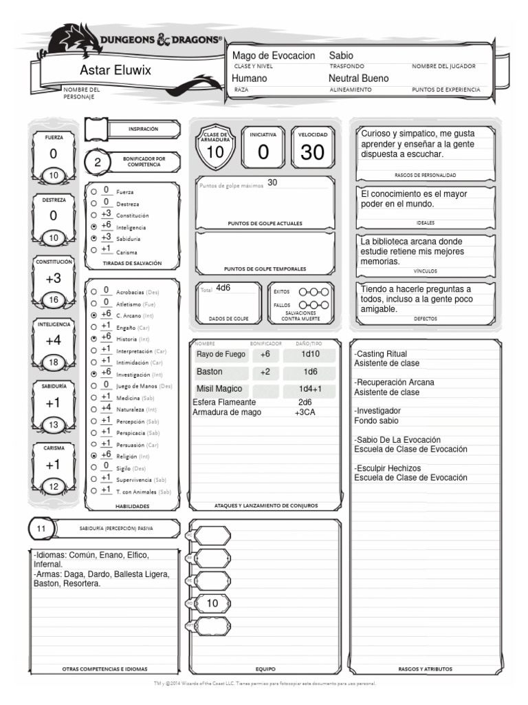 Astar Eluwix (Hoja de Personaje 5e en Español) | PDF
