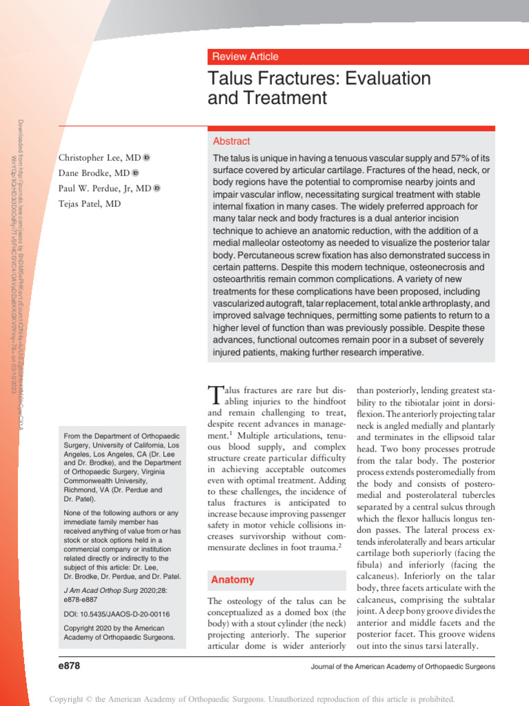 Talus Fractures Evaluation and Treatment.2 | PDF | Ankle | Skeletal System