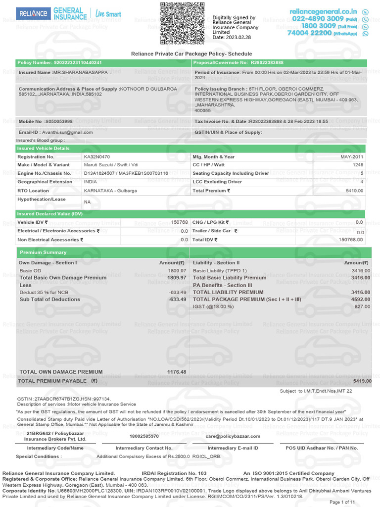 Maruti Swift Insurance Policy Details | PDF | Insurance | Cheque