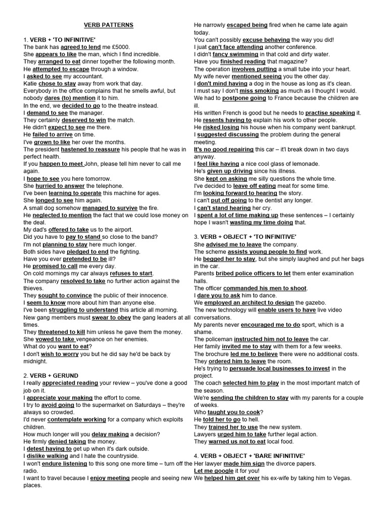 Verb Patterns C1 + Example Sentences CMPCT | PDF