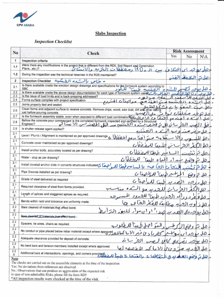 Arabic Slab Inspection Checklist | PDF | Industrial Processes | Civil ...