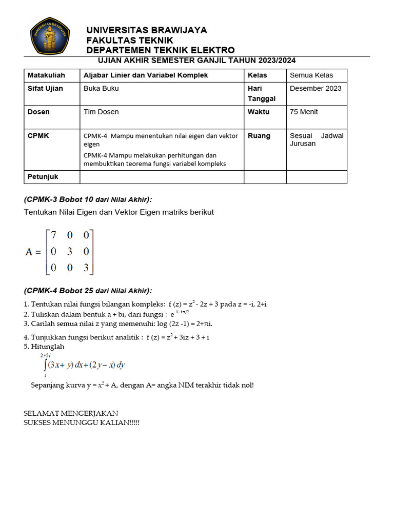 Ujian Aljabar Linier 2023/2024 | PDF