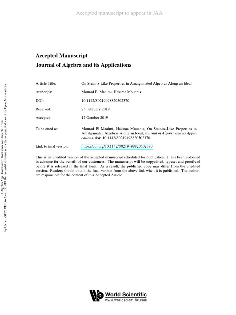 Accepted Manuscript Journal of Algebra and Its Applications | PDF ...