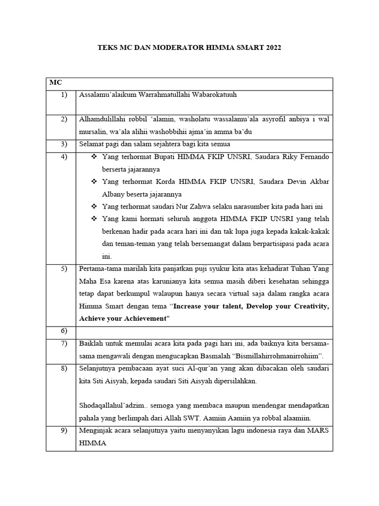TEKS MC DAN MODERATOR Himma Smart | PDF