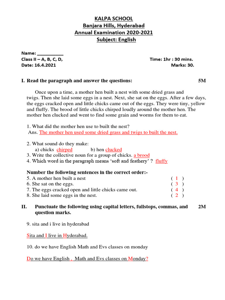 Engilsh Annual Question Paper 2020-21 Key Paper | PDF | Language Arts ...
