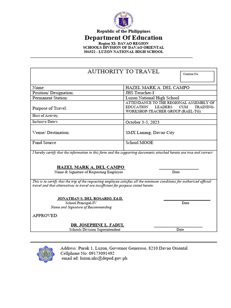 Travel Order Prescrived For Out of Division | PDF