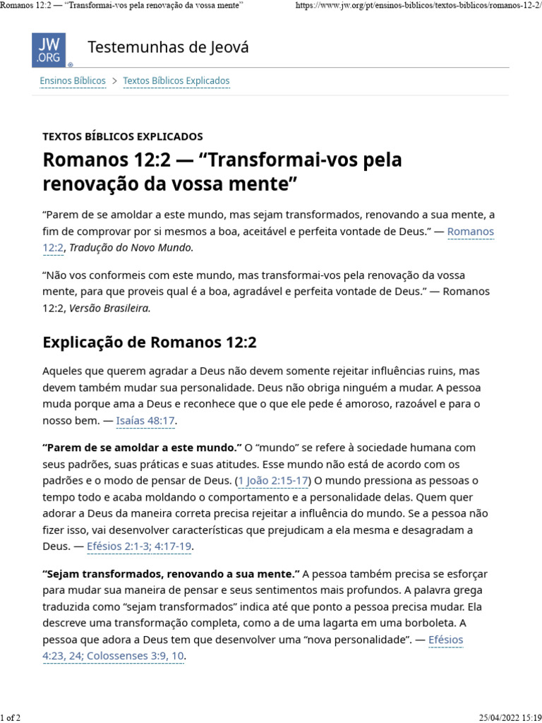 Romanos 12 2 - "Transformai-Vos Pela Renovação Da Vossa Mente" | PDF ...
