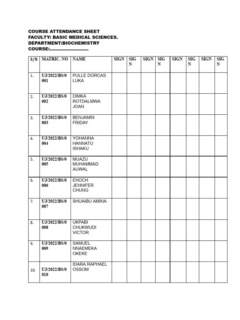 Biochemistry Course Attendance Sheet | PDF