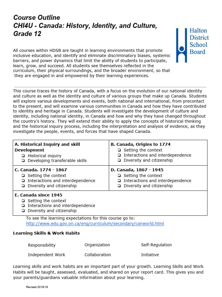 CHI4U Canadian History, Identity, and Culture, Grade 12 | PDF ...