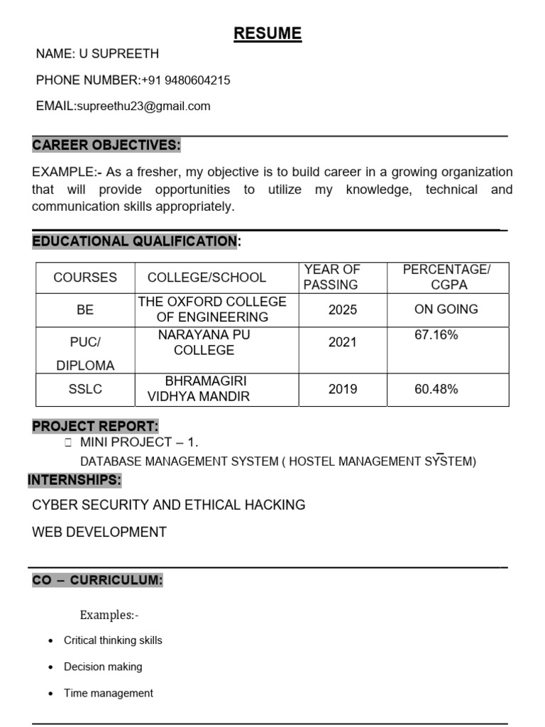 U Supreeth Resume and Skills Overview | PDF