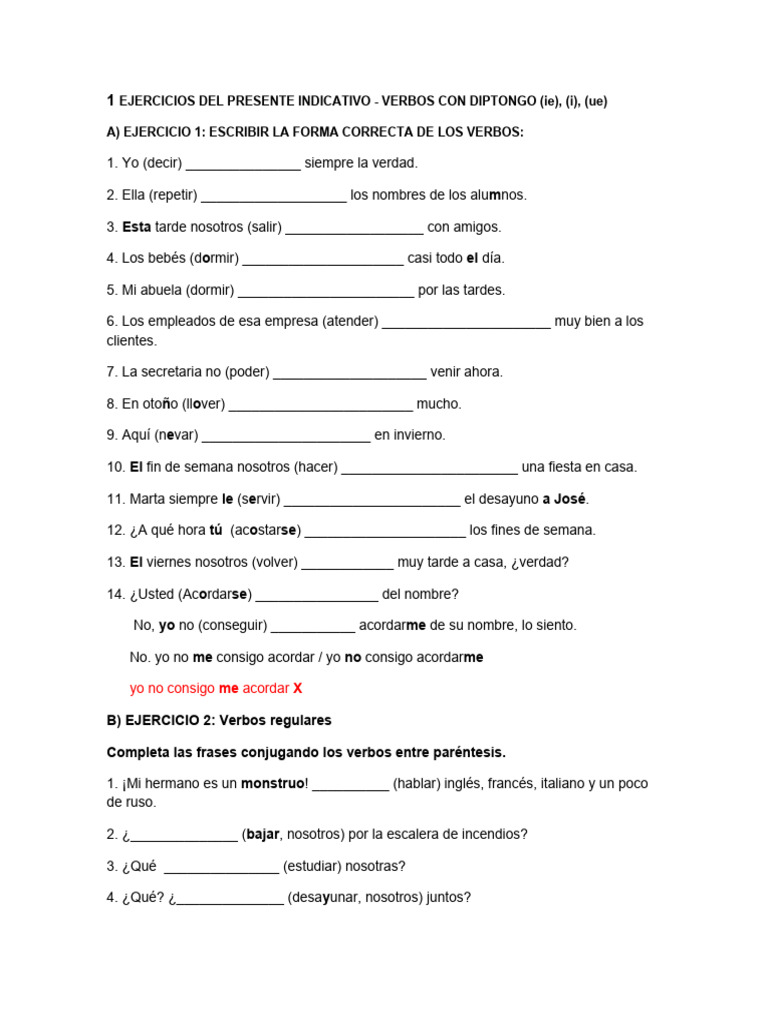 Ejercicios de Verbos en Presente Indicativo | PDF