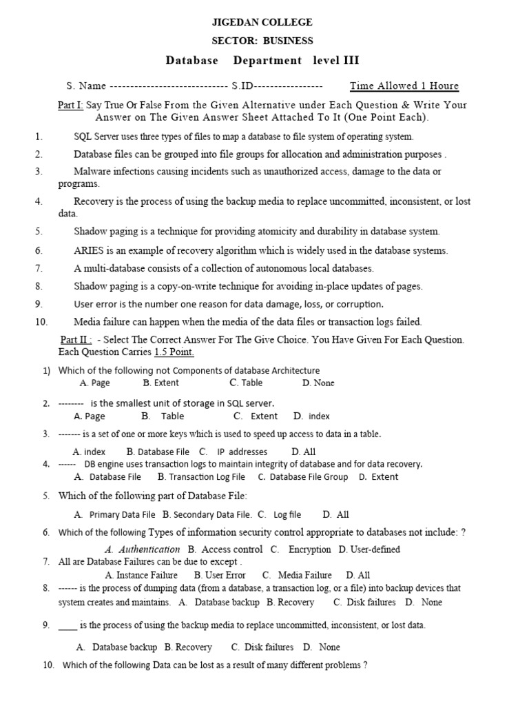 Database Department Level 3 | PDF | Backup | Databases