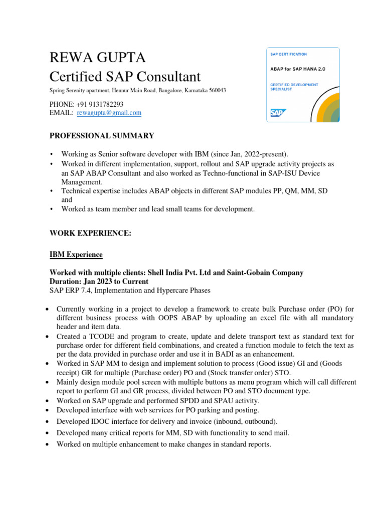 CV - Rewa Gupta - Senior SAP ABAP Developer | PDF | Information Technology | Software Engineering