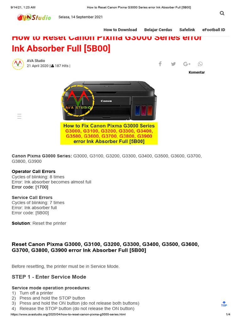 How To Reset Canon Pixma G3000 Series Error Ink Absorber Full (5B00 ...