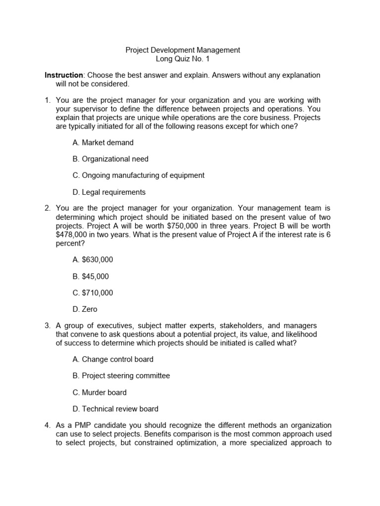 Project Management Quiz Overview | PDF | Project Management | Risk