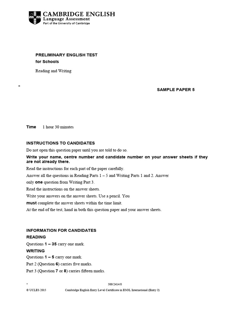 PET Exam Sample Paper 5 | PDF | Photographer | Water